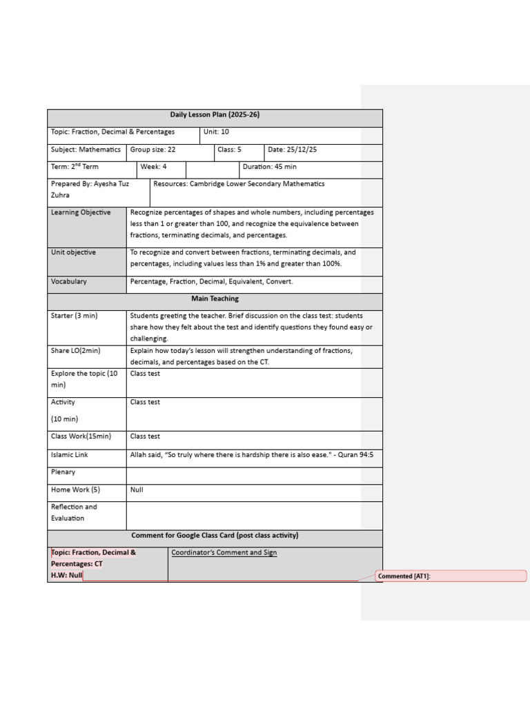 Daily Lesson Plan (2025-26) : Commented (AT1) | PDF