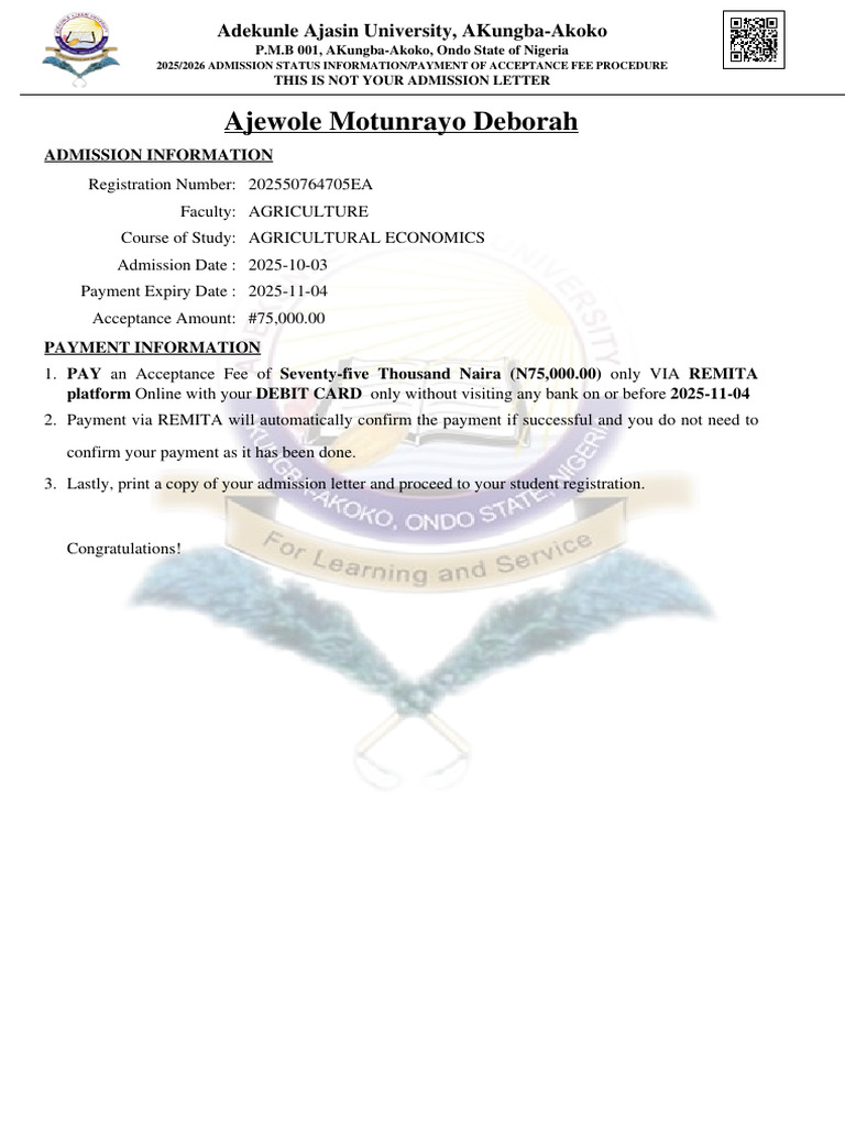 Ajewole Motunrayo Deborah Admission Status | PDF