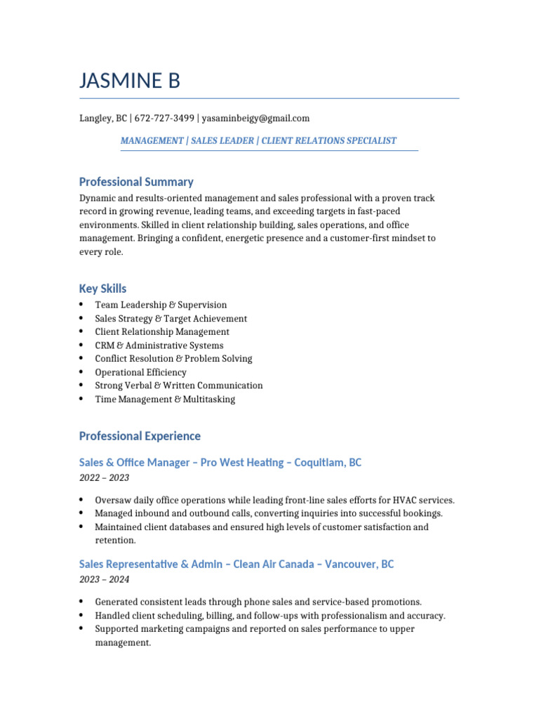 Jasmine B Professional Resume | PDF