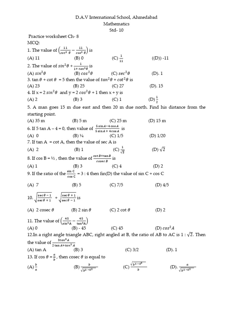 Ch-8 Introduction To Trigonometry Practice Worksheet | PDF | Triangle ...