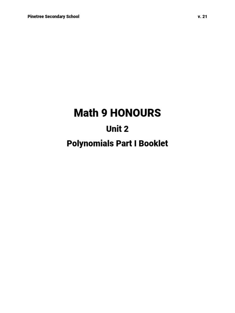 Math 9H Unit 2 Polynomials BOOKLET v. 21 (1) | PDF