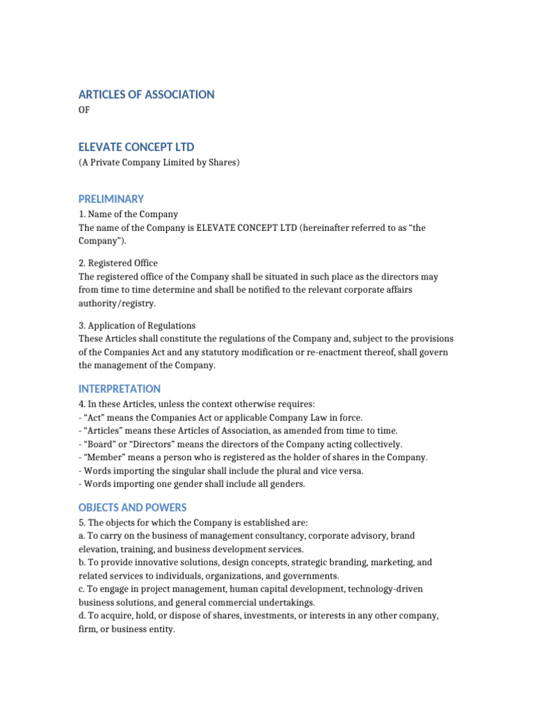 Elevate Concept LTD Articles of Association | PDF | Dividend | Indemnity