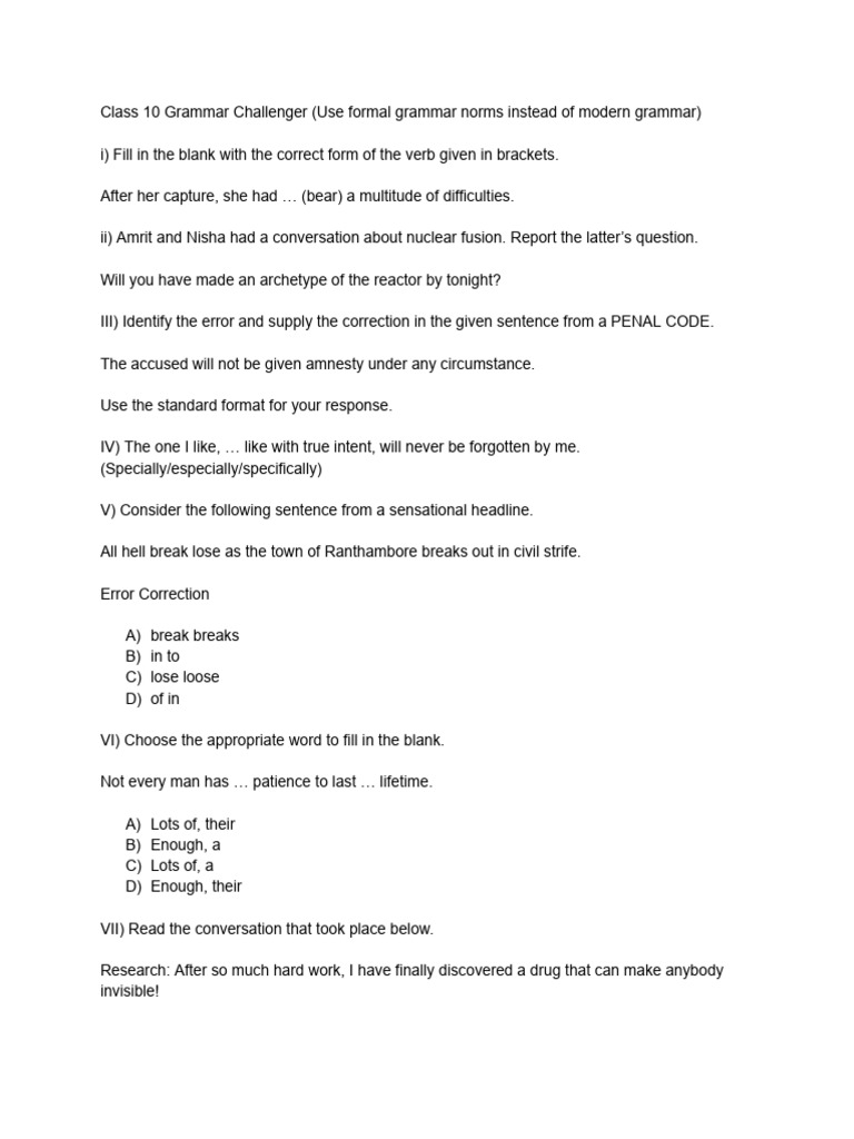 Class 10 Grammar Challenger | PDF | Language Mechanics | Syntax