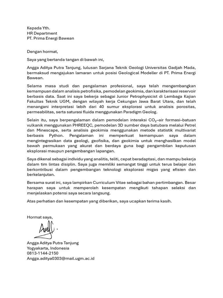 Cover Letter PT Prima Energi Bawean | PDF