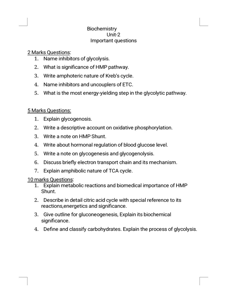 Biochemistry Important Questions of Unit-2 | PDF