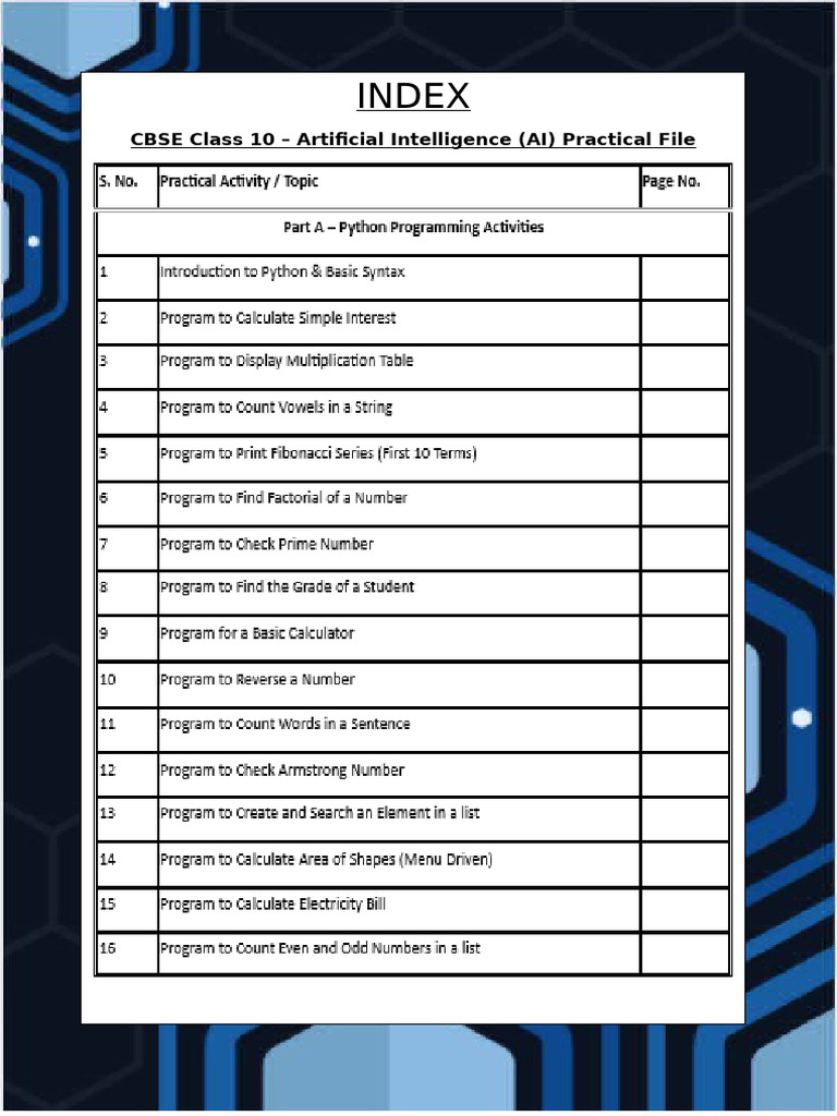 Index: CBSE Class 10 - Artificial Intelligence (AI) Practical File | PDF