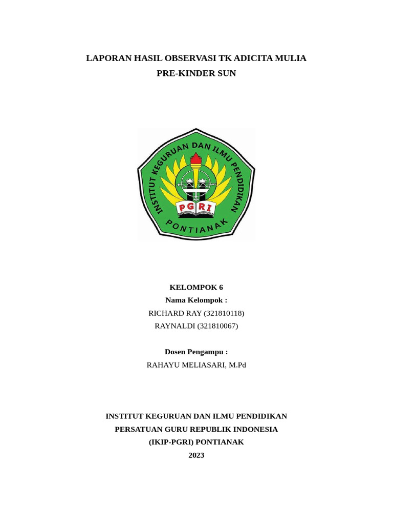 Laporan Hasil Observasi Tk Adicita Mulia - Kelompok 6 | PDF | Teachers ...