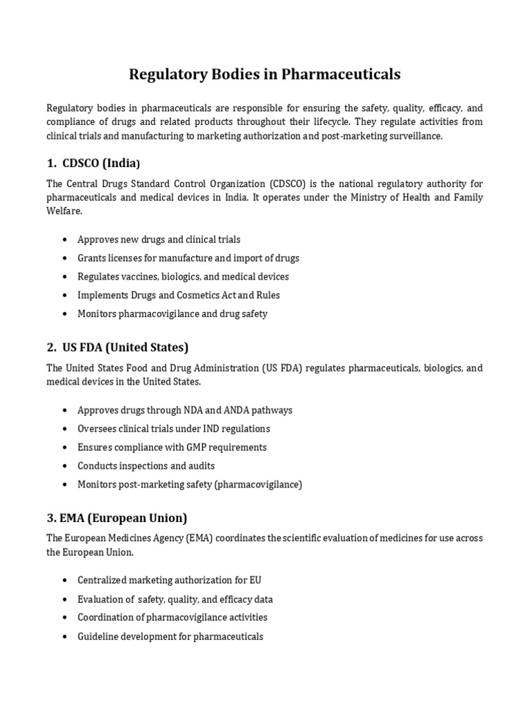 Regulatory Bodies in Pharmaceuticals | PDF