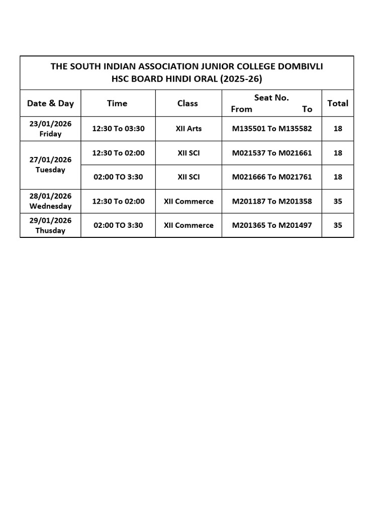 HSC Board Hindi Oral Time Table 2025-26 | PDF