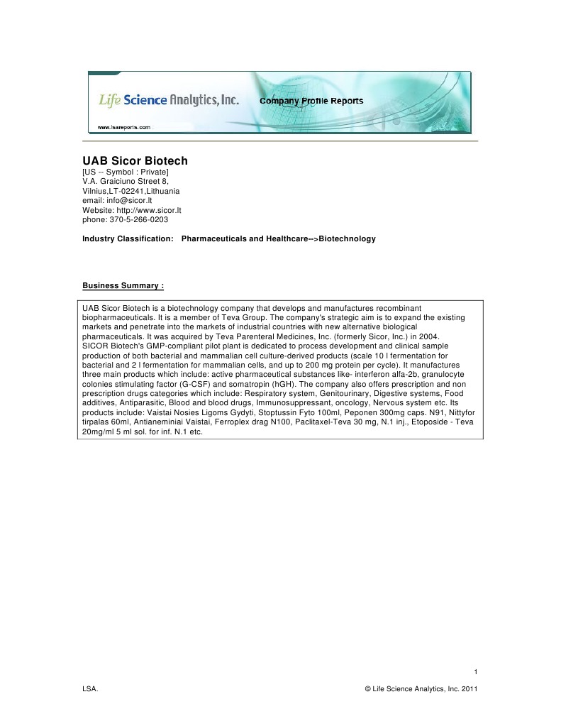 UAB Sicor Biotech: Industry Classification: Pharmaceuticals and ...