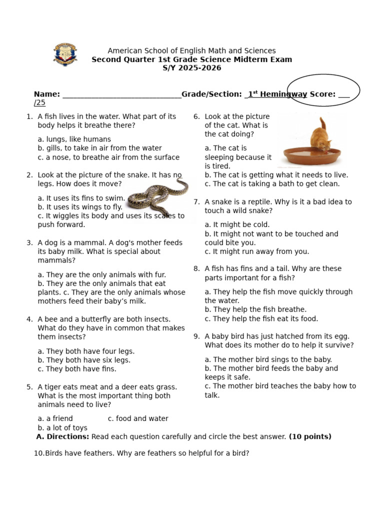 2qexam.science.1stgrade | PDF | Reptile | Fish