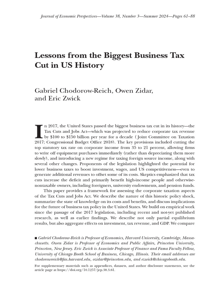 Chodorow Reich Et Al 2024 Lessons From The Biggest Business Tax Cut in ...