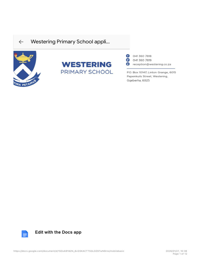 Westering Primary School Application - 2027 | PDF