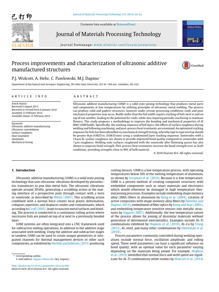 2016 - Process Improvements and Characterization of Ultrasonic Additive ...