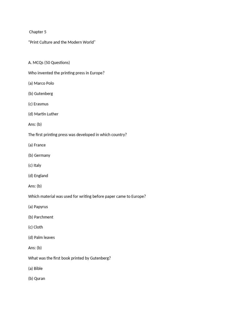 Chapter 5 - Print Culture and The Modern World - MCQS, Assertion Based ...