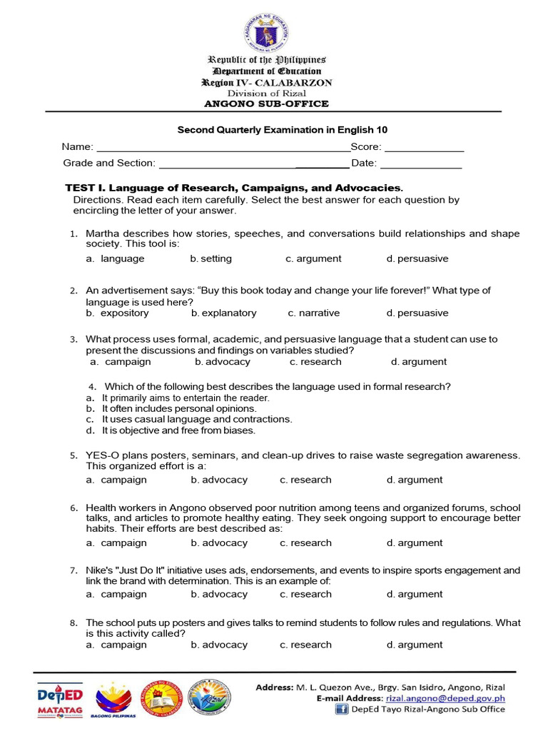 Checked.g10. English - 2nd Quarter Exam | PDF | Proposition | Essays