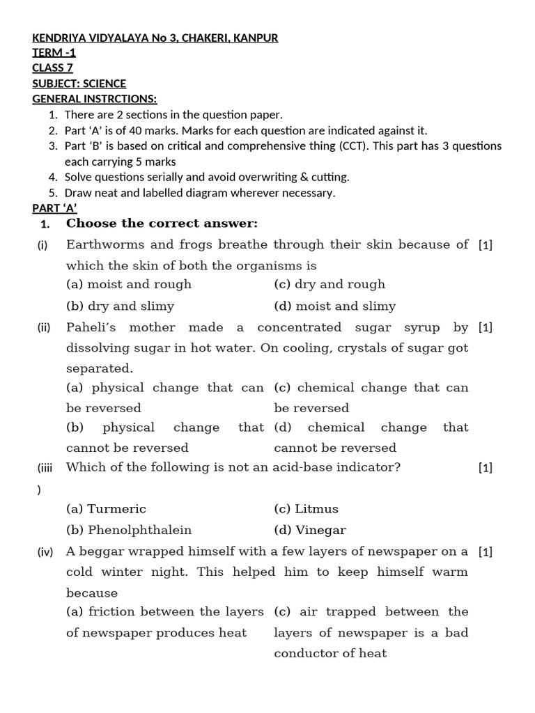 Term 1 - Question Paper - Class 7 | PDF | Stomach | Digestion
