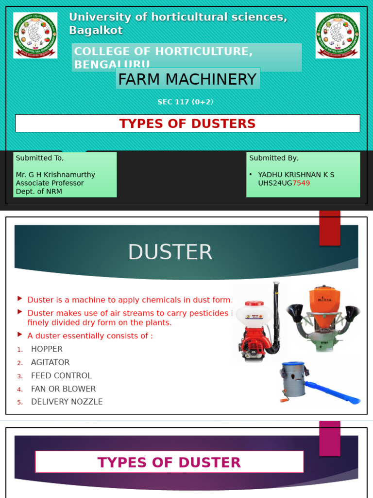 Types of Dusters - Farm Machinery | PDF | Mechanical Engineering | Machines