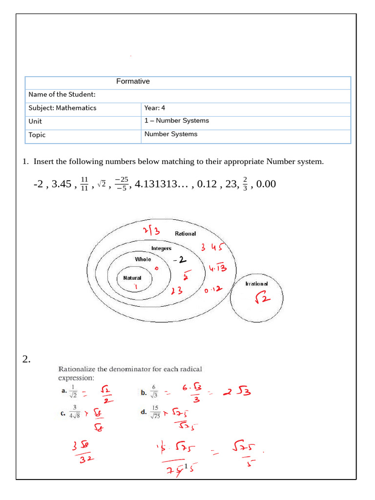 MYP 4 - Unit 1 - Radicals Recap Fotmative . | PDF
