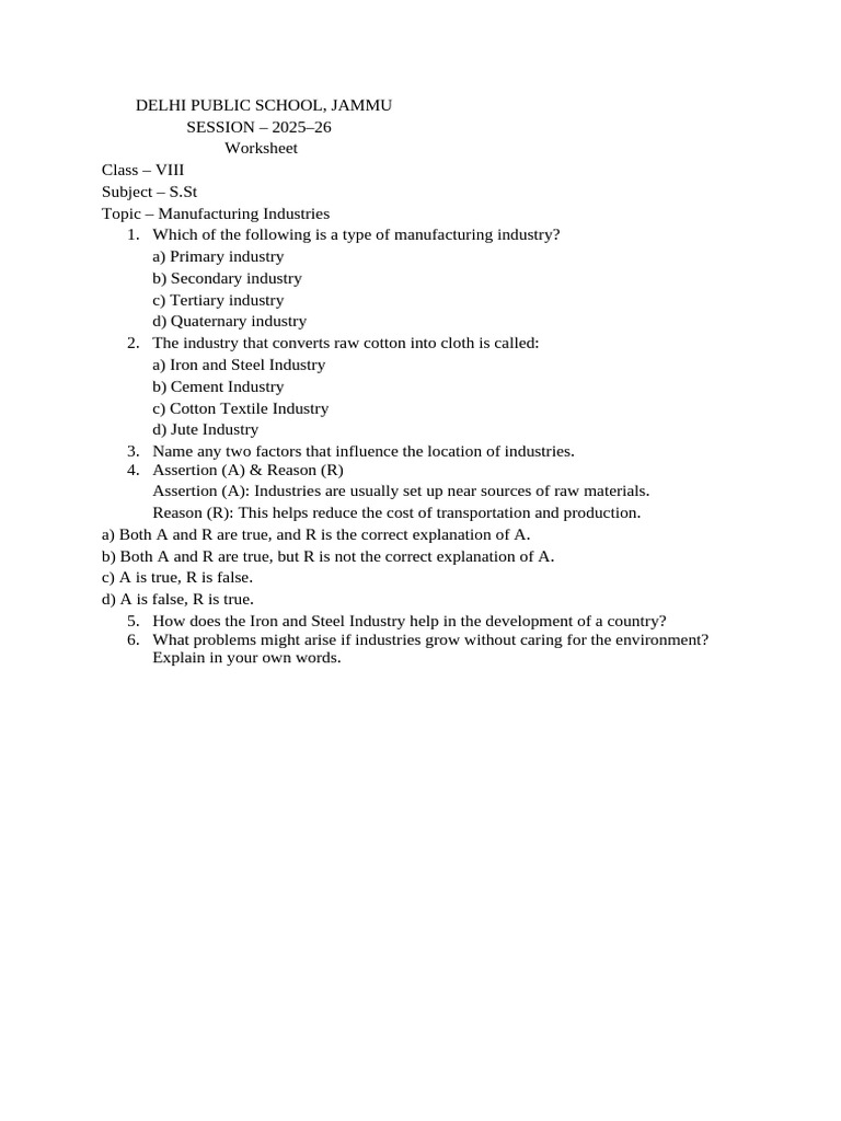 8 Class Worksheet Manufacturing Industries | PDF