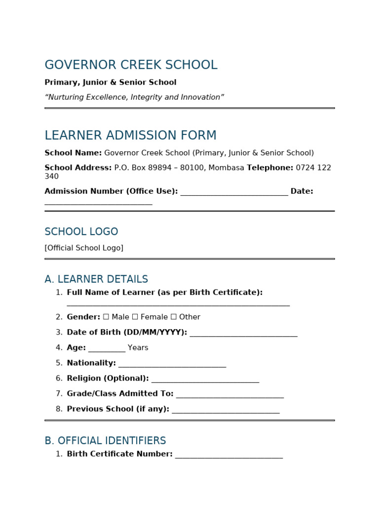 Learner Admission Form | PDF