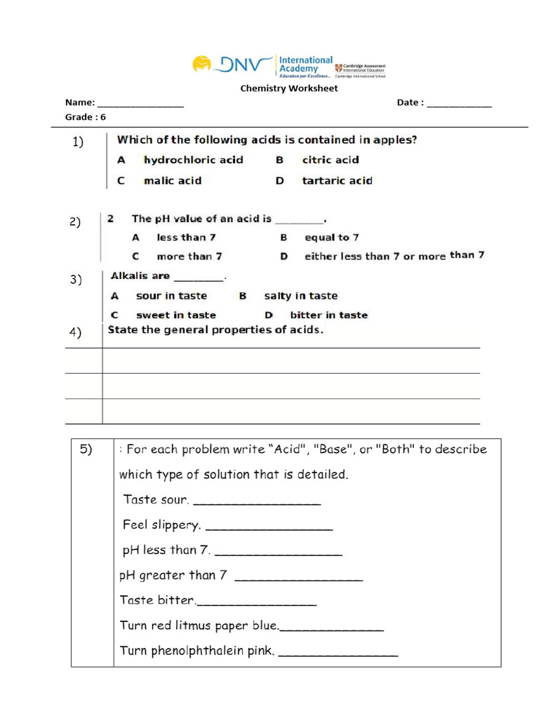 Grade-6 Chemistry Worksheet 27th DecCHE NUTRALISATION | PDF