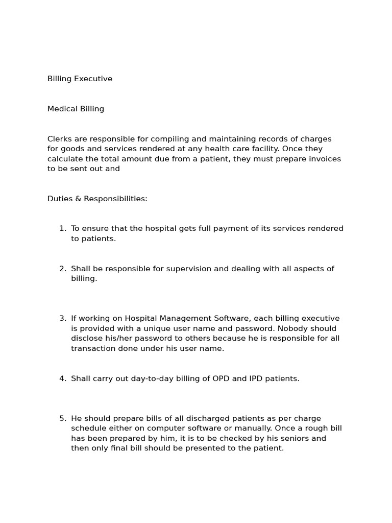 Roles and Responsibility of Billing Executive | PDF | Patient | Payments