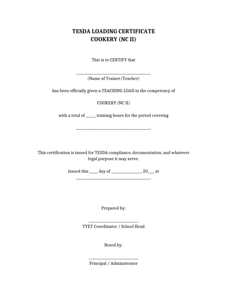 TESDA Loading Certificate Cookery NCII | PDF