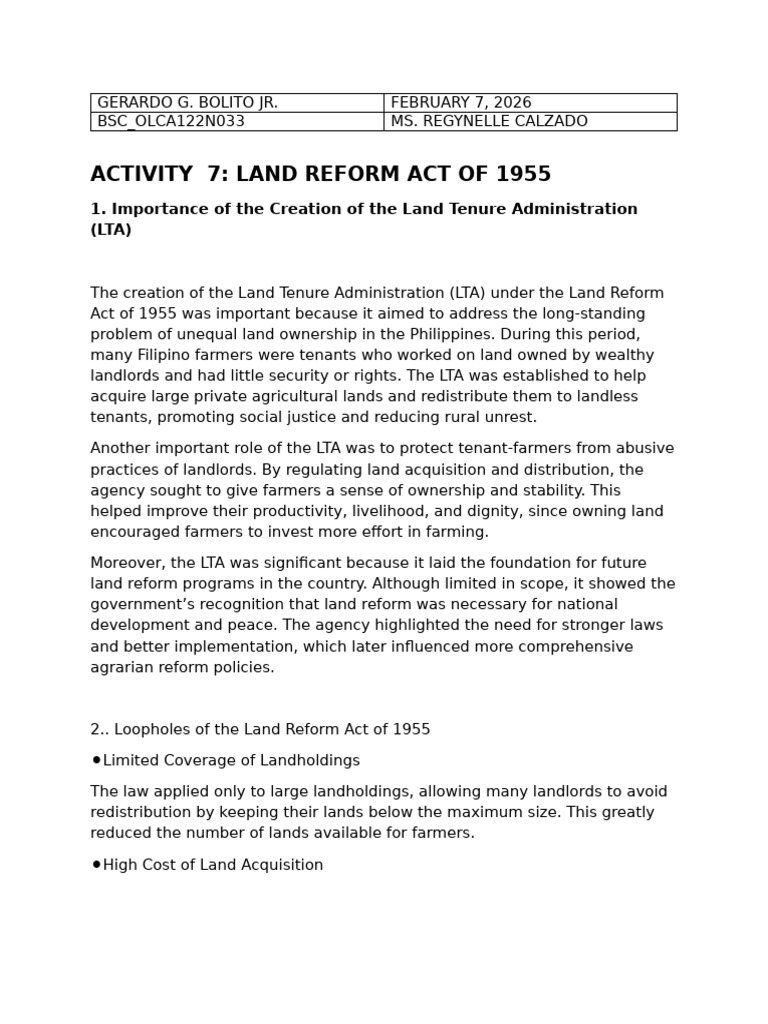 Activity 7: Land Reform Act of 1955: 1. Importance of The Creation of ...