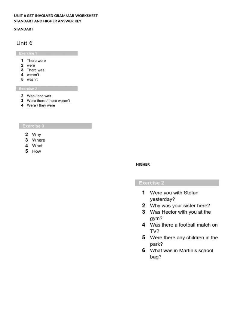 Uni̇t 6 Grammar Worksheet Standart and Higher Was Were Answer Key | PDF