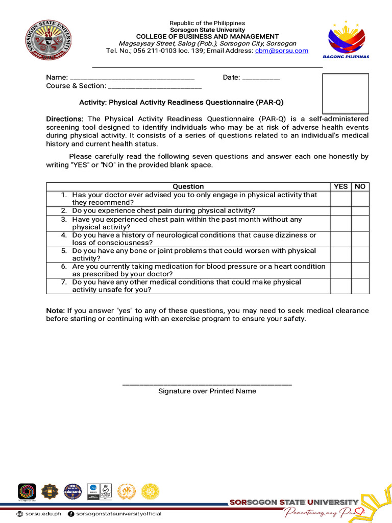 Physical Activity Readiness Questionnaire (PAR-Q) | PDF
