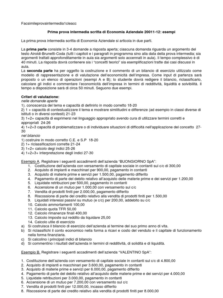 Fac Simile Esame Prova Intermedia