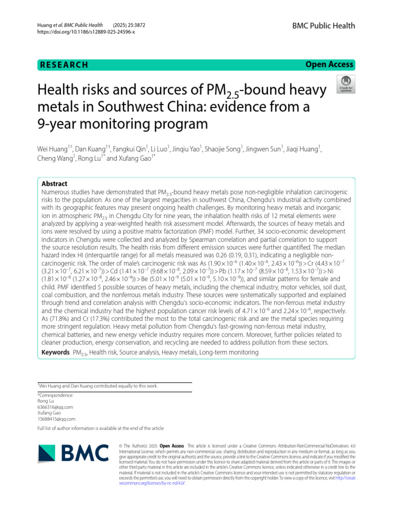 Health Risks and Sources of PM - Bound Heavy Metals in Southwest China ...
