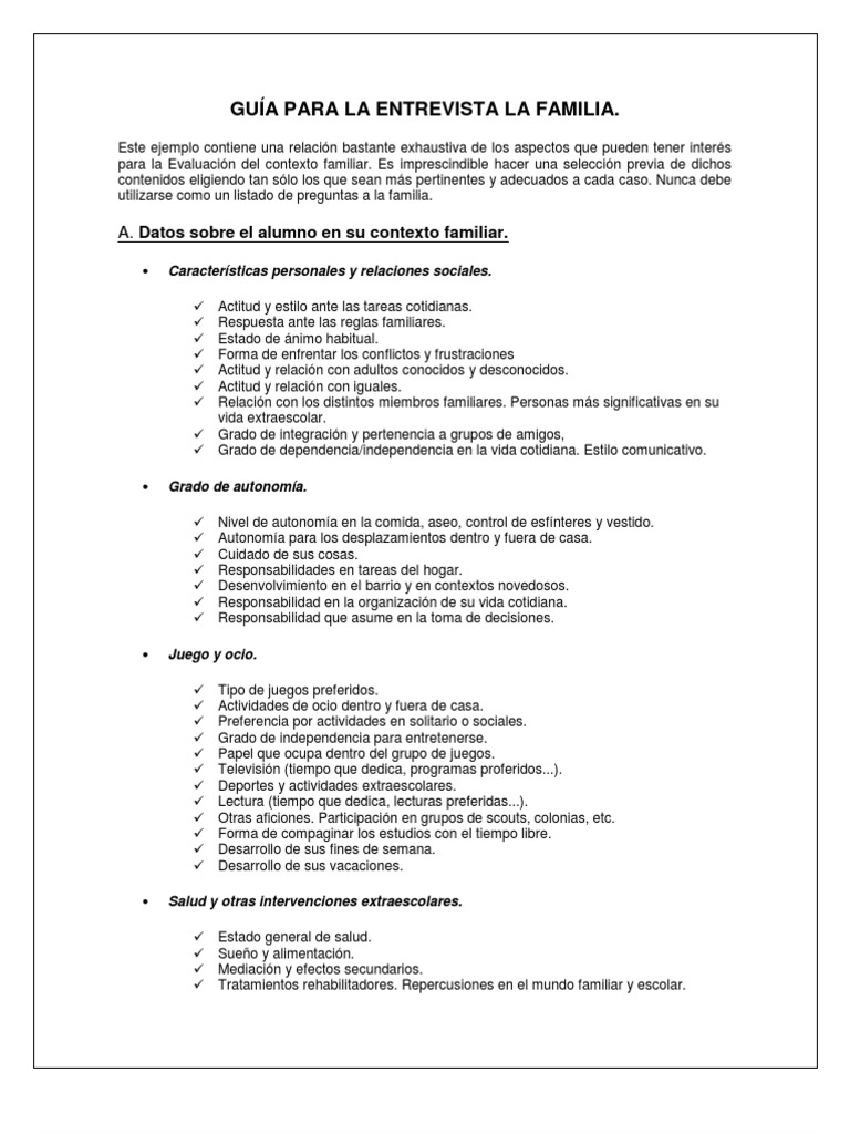 GUÍA PARA LA ENTREVISTA LA FAMILIA | Ocio | Adultos