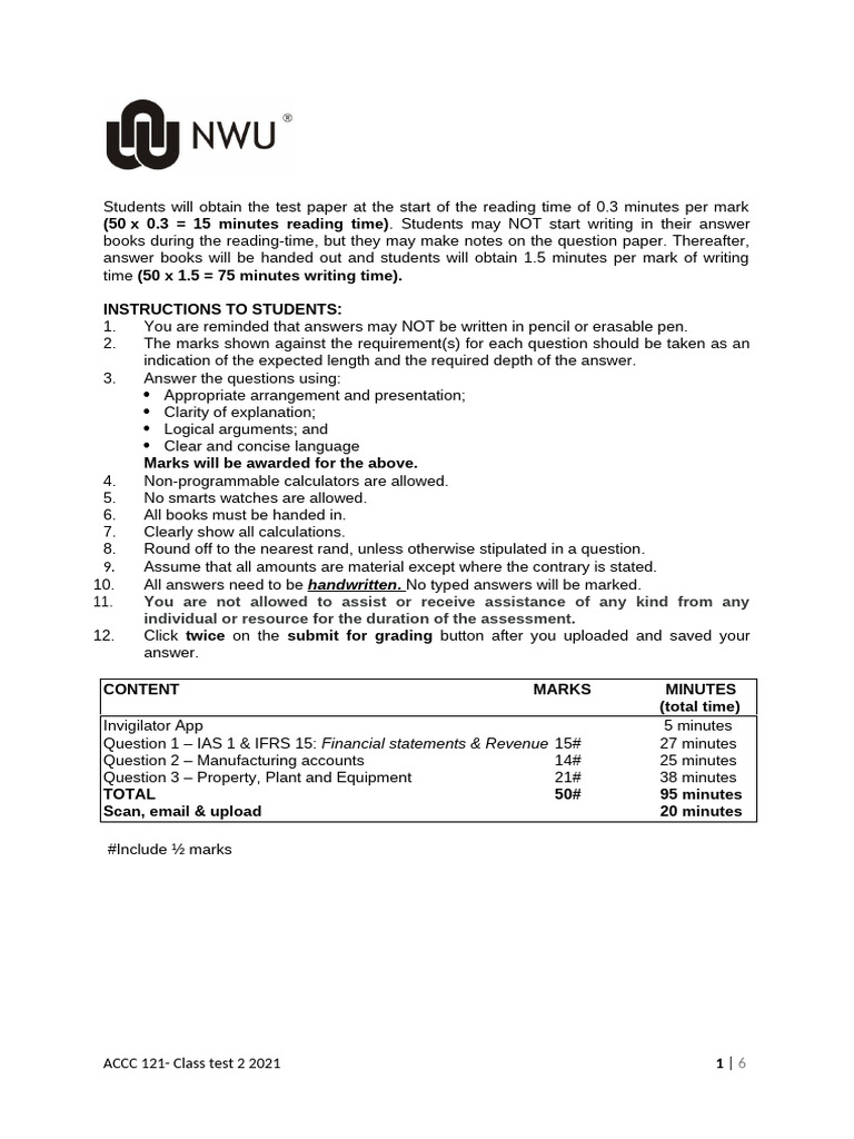 ACCC 121 Class Test 2 2021 | PDF | Depreciation | Value Added Tax