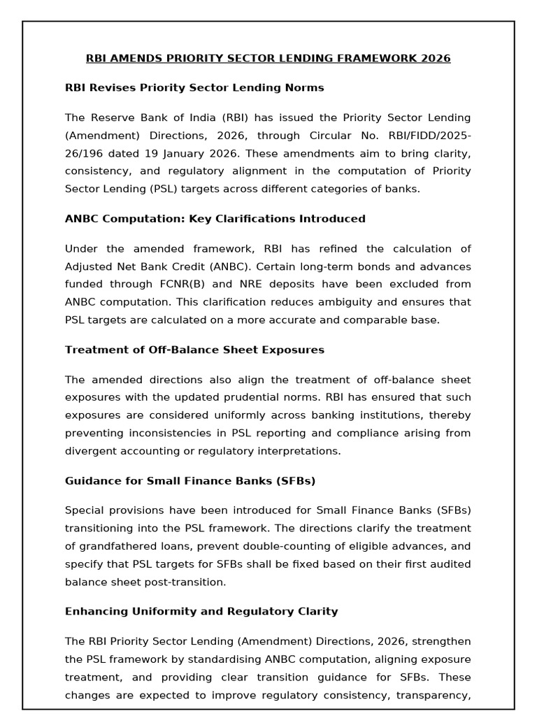 RBI Amends Priority Sector Lending Framework 2026 | PDF