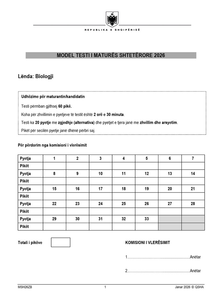 Model Testi Per MSH 2026 Biologji 1 | PDF