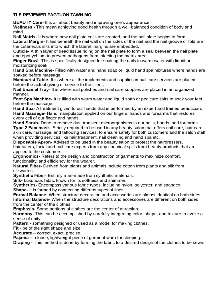 TLE 8 Reviewe | PDF | Nail (Anatomy) | Clothing