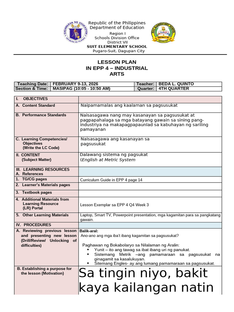 Cot Lesson Plan Epp 4 | PDF