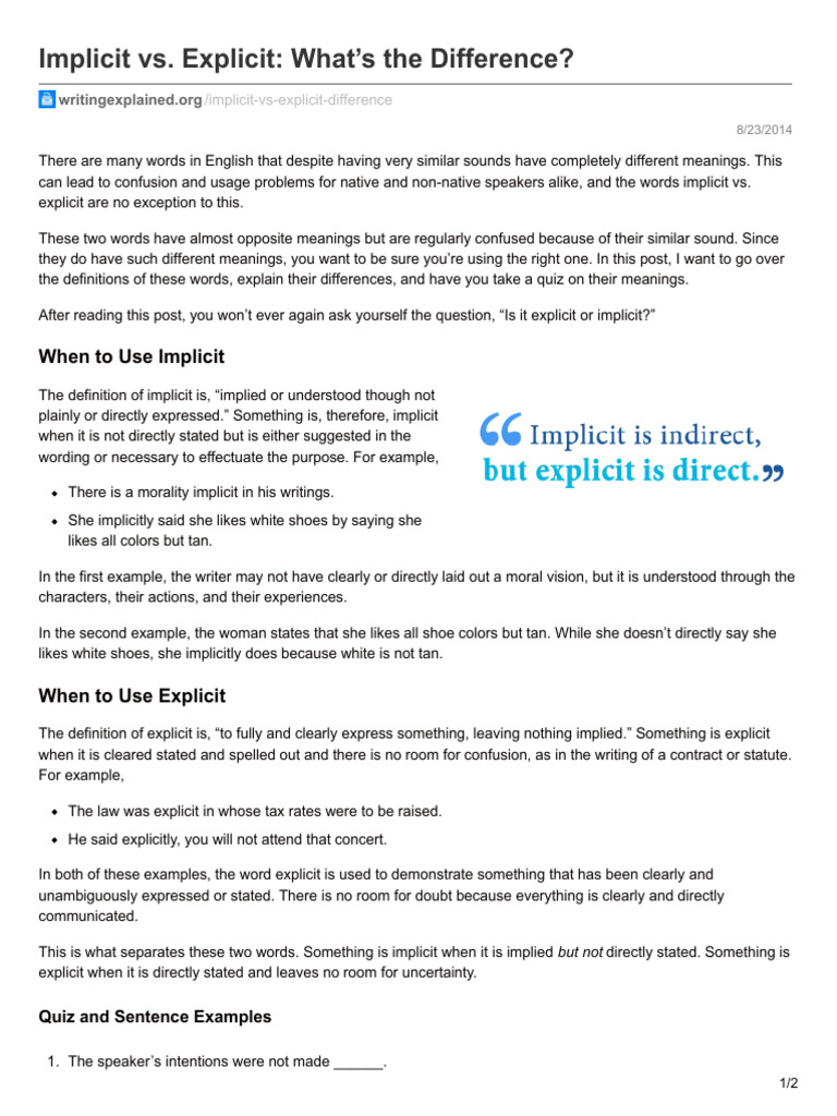 Implicit Vs Explicit Whats The Difference | PDF | Definition | Linguistics