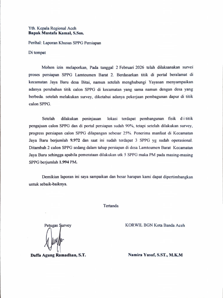 Laporan Khusus Calon SPPG Teuku Chiek Dibitai - KORWIL BGN Kota Banda ...
