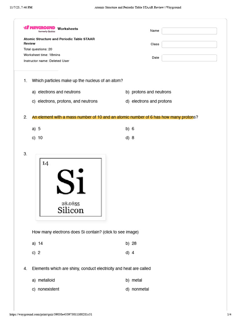 Atomic Structure and Periodic Table STAAR Review - Wayground | PDF ...