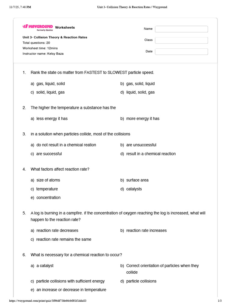 Unit 3 - Collision Theory & Reaction Rates - Wayground | PDF | Reaction ...