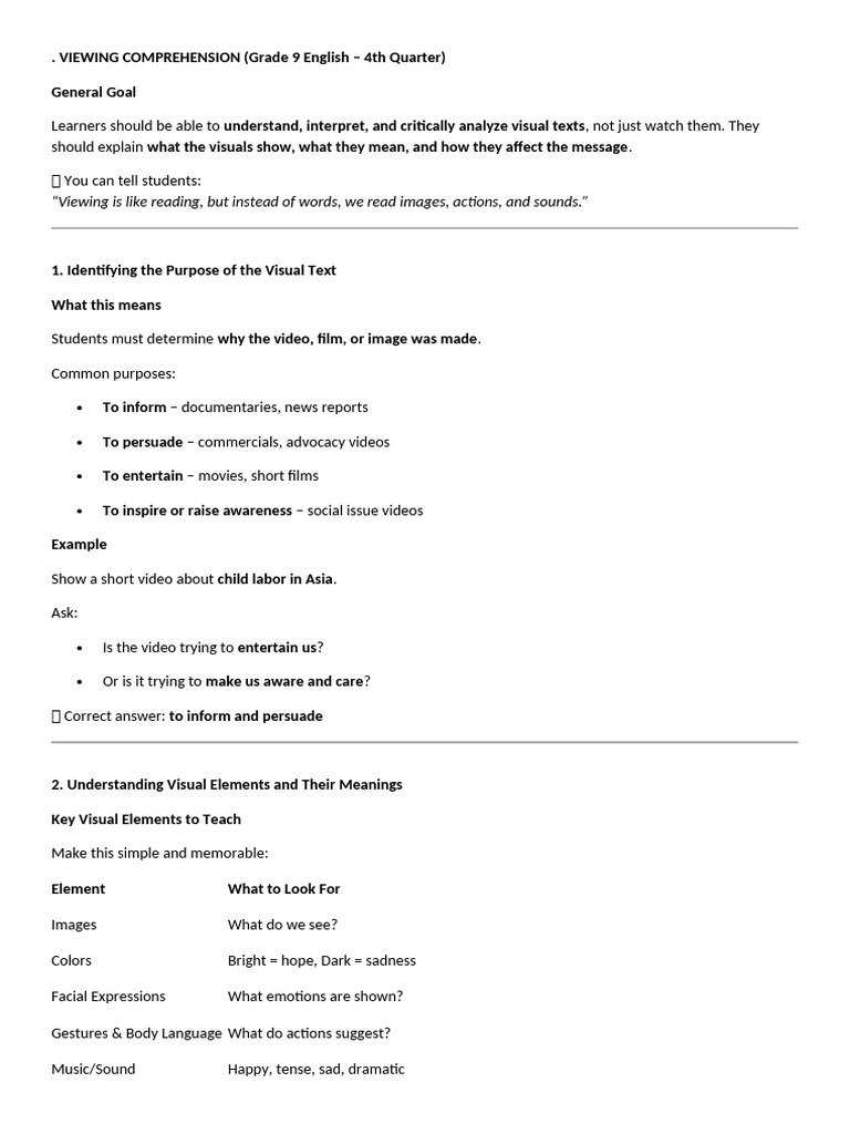 VIEWING COMPREHENSION | PDF | Emotions | Body Language