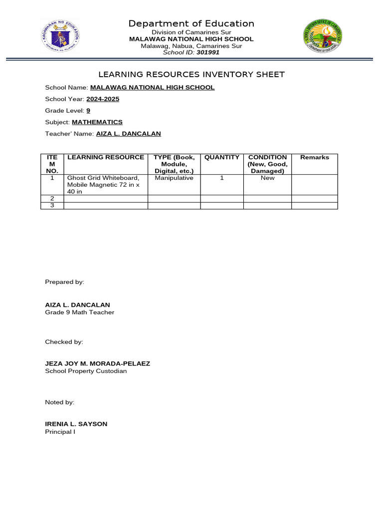 Learning Resources Inventory Sheet 9 | PDF
