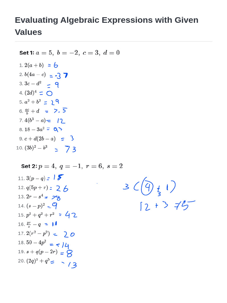 Evaluating Algebraic Expressions With Given Values | PDF