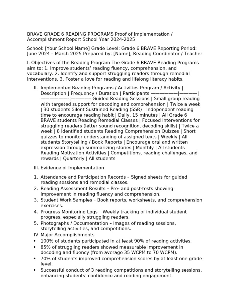 Grade6 Reading Program Report | PDF | Reading Comprehension | Learning ...