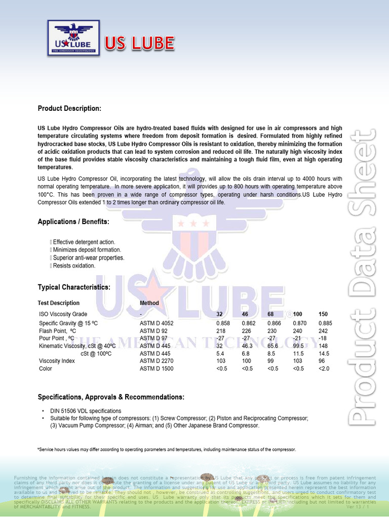 Us - Lube - Hydro - Compressor - Oil Mineral | PDF | Lubricant | Viscosity