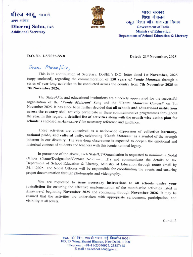 D.O Letter To All States Regarding Vande Mataram For Year Long ...