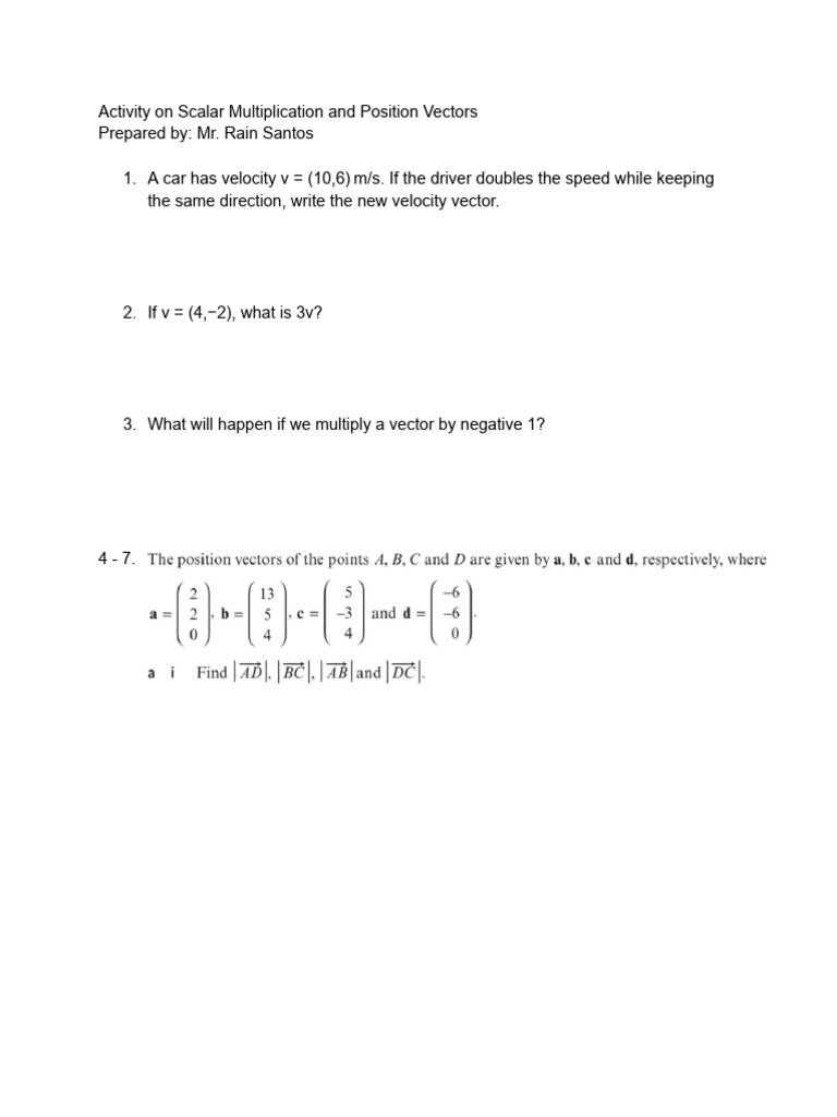 Activity on Scalar Multiplication and Position Vectors | PDF